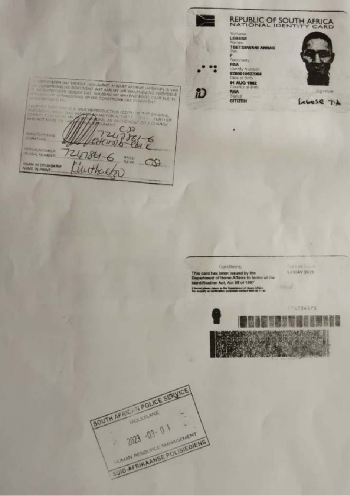 RSA National Identity Card Details for Tsetsewani Annah Lebese - Studocu