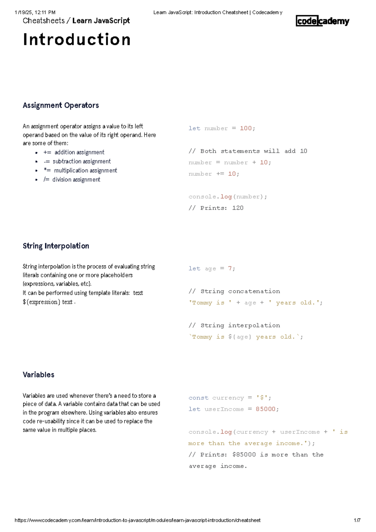 Learn Java Script Introduction Cheatsheet Codecademy - An assignment ...