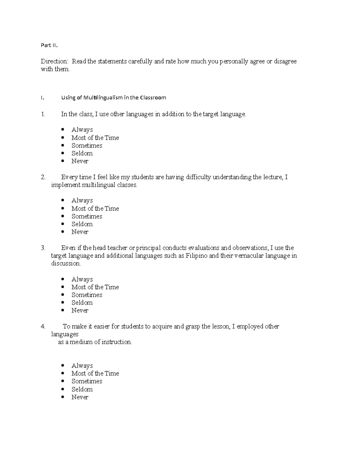 Questionnaire: Multilingualism in Language Teaching (LT 101) - Studocu