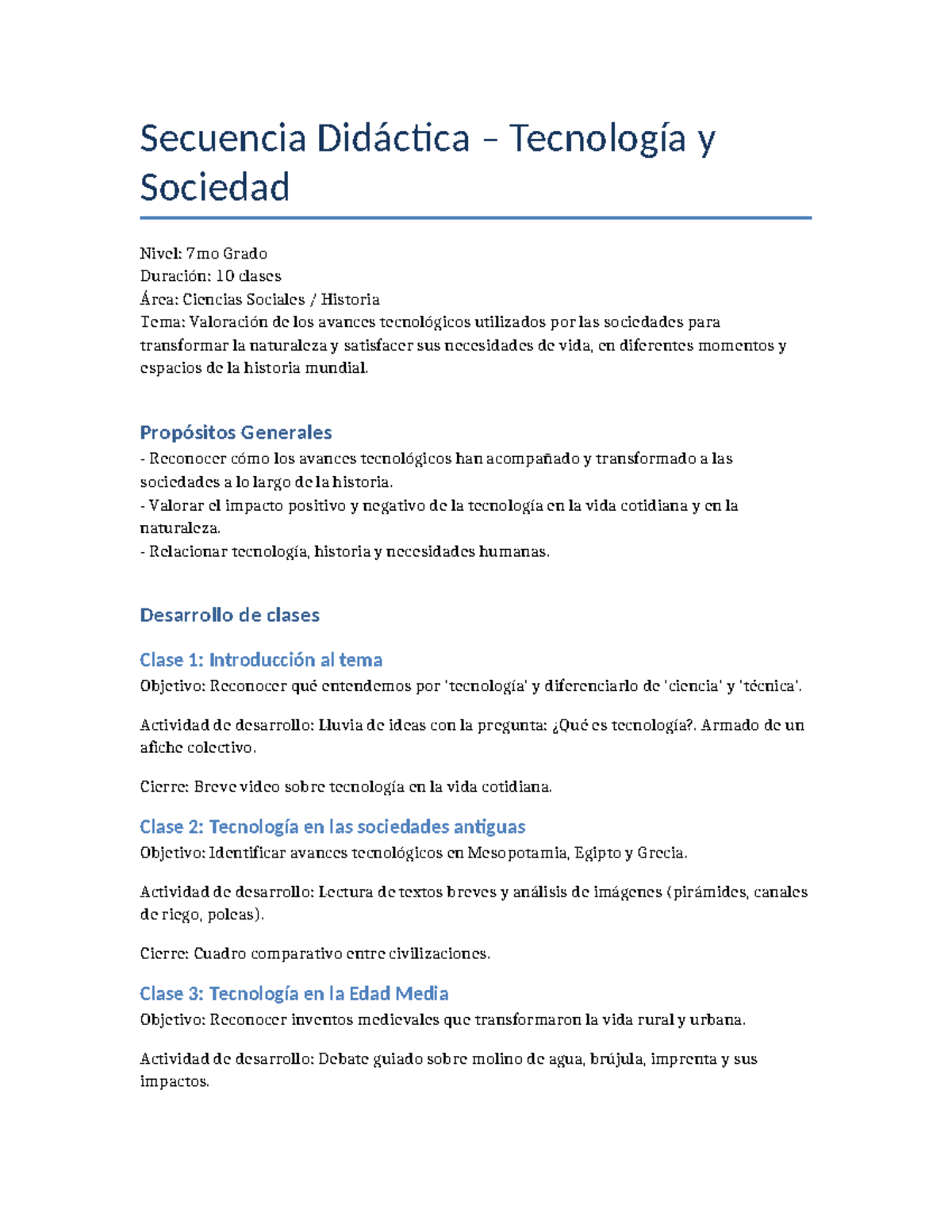 Secuencia Didáctica: Tecnología y Sociedad - 7mo Grado - Studocu