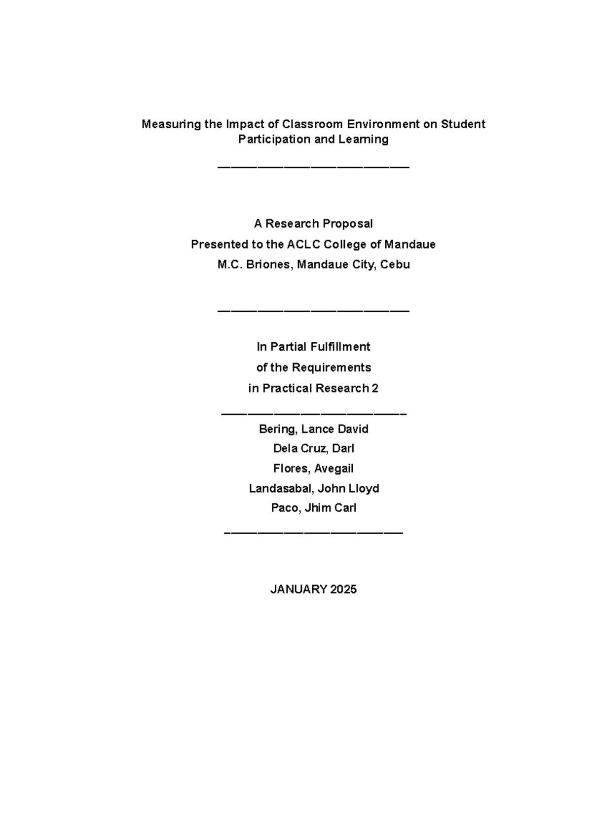 Research Proposal: Impact of Classroom Environment on HUMSS Student ...