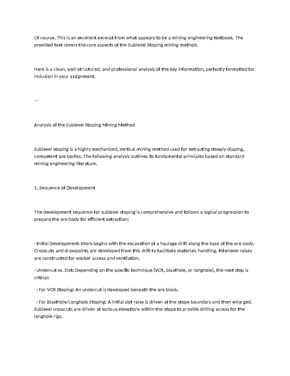 Sublevel Stoping Mining Method Analysis - D. Ninja Textbook - Studocu