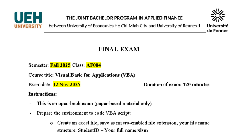 Final Exam AF004: VBA Conversion Function (GBP to VND) - Studocu