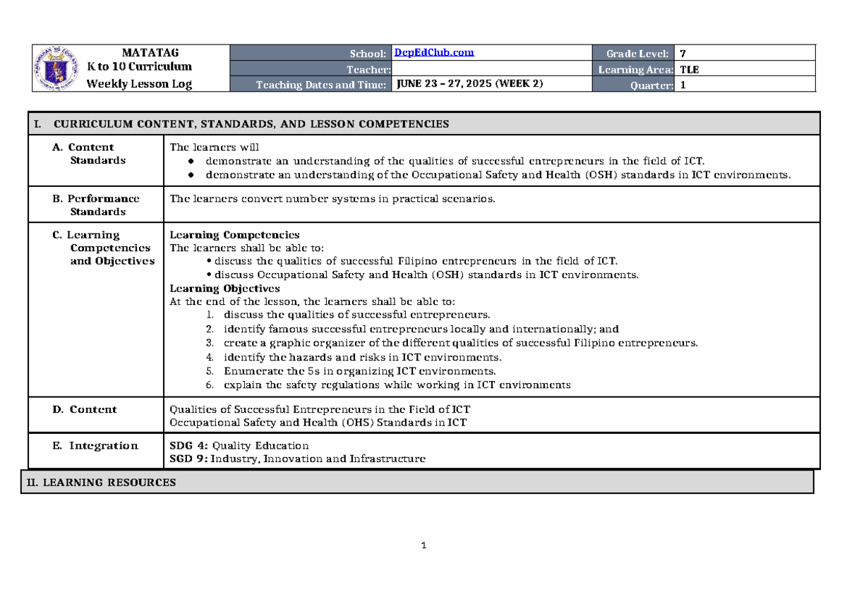 TLE 7 Q1 W2 - Weekly Lesson Log on Successful Entrepreneurs & OHS ...