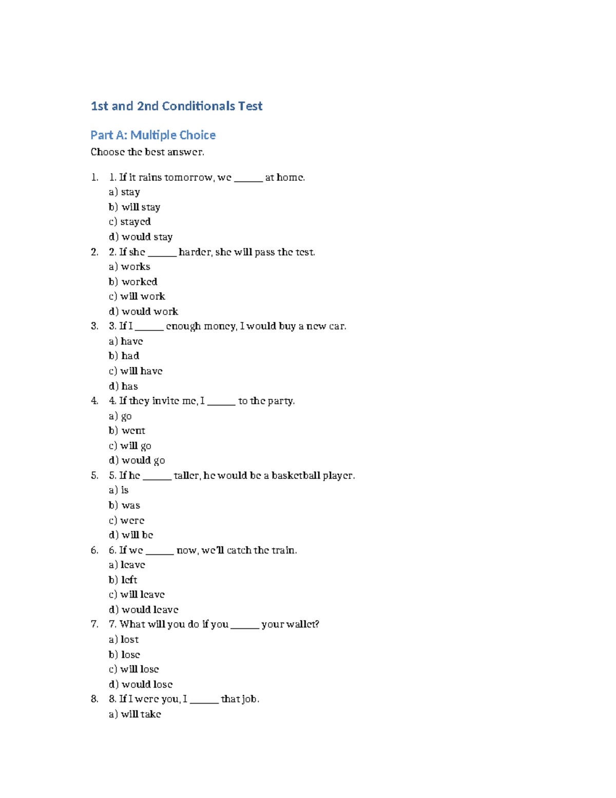 1st and 2nd Conditionals Test: Multiple Choice & Exercises - Studocu