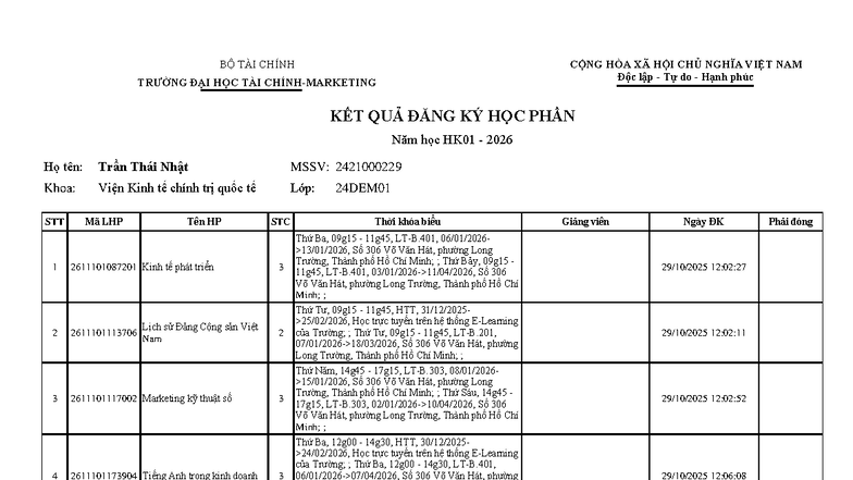 Kết Quả Đăng Ký Học Phần HK01 2026 - Viện Kinh Tế Chính Trị - Studocu