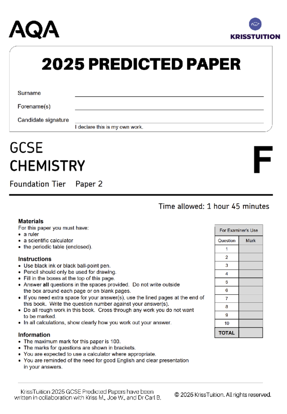 2025 AQA Triple Chemistry F Paper 2 Exam Mark Scheme Analysis - Studocu
