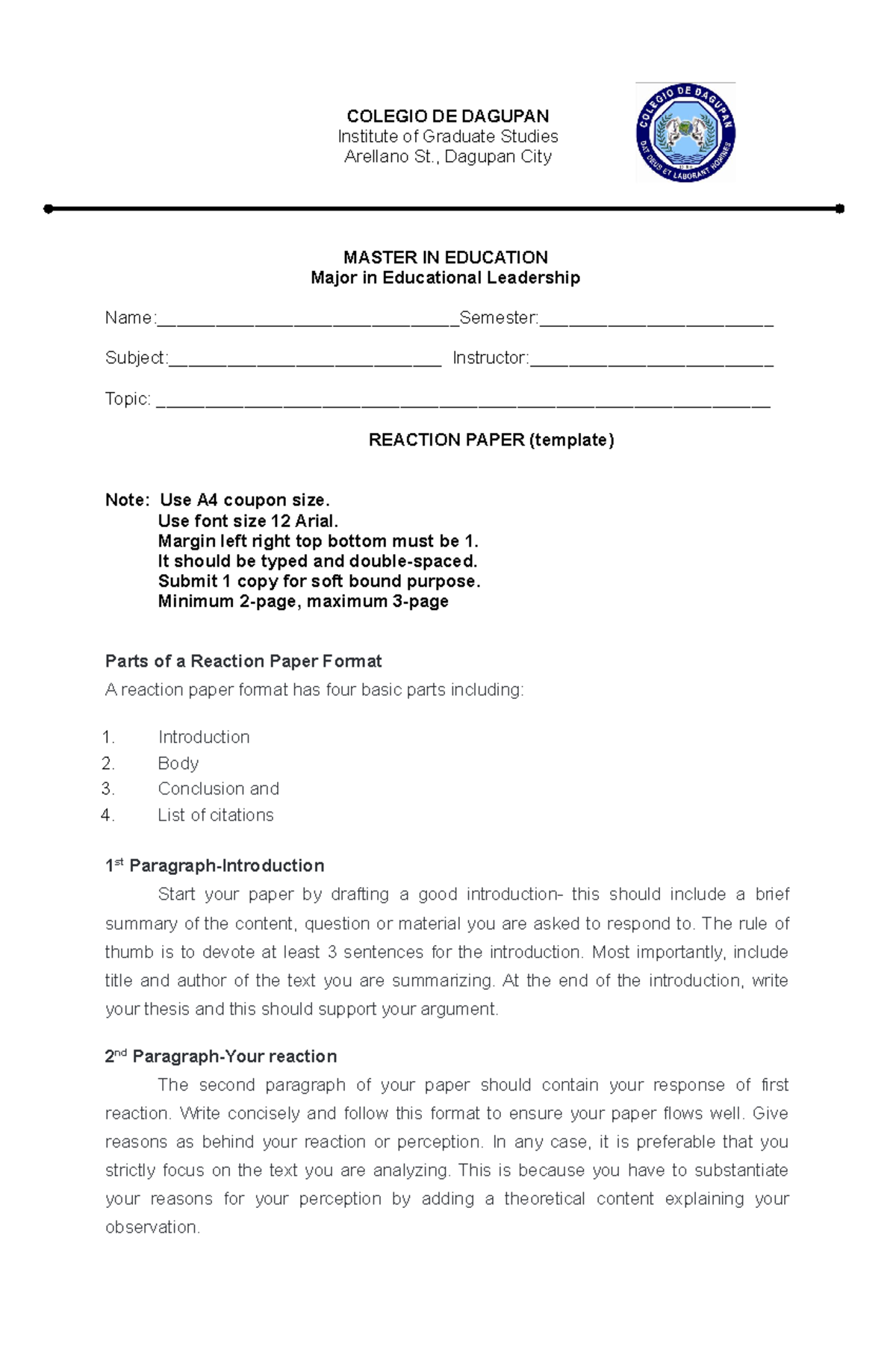 Reaction Paper Template for MA in Educational Leadership (MED-EDU ...
