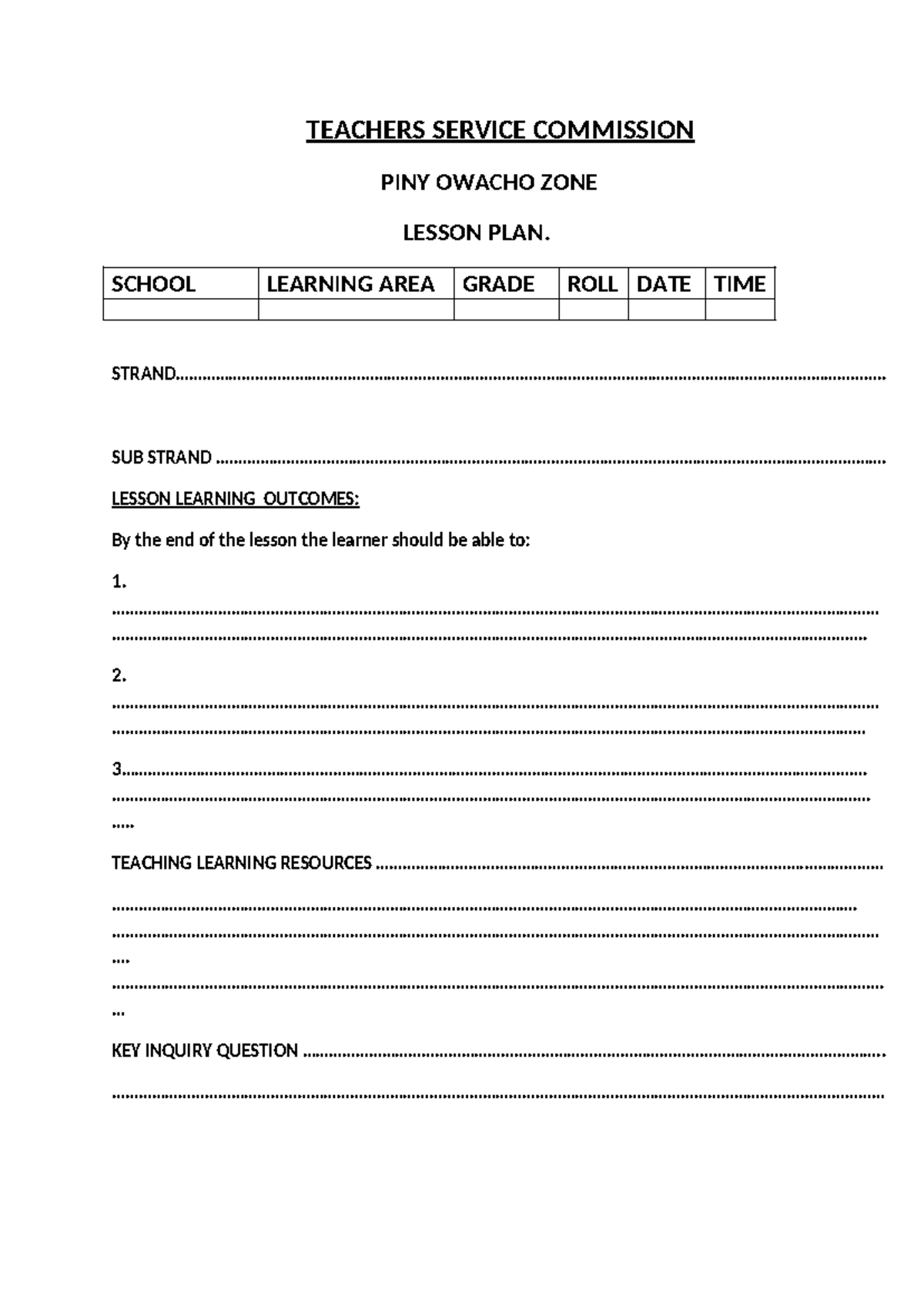 Teachers Service Commission Lesson PLAN Template - TEACHERS SERVICE ...