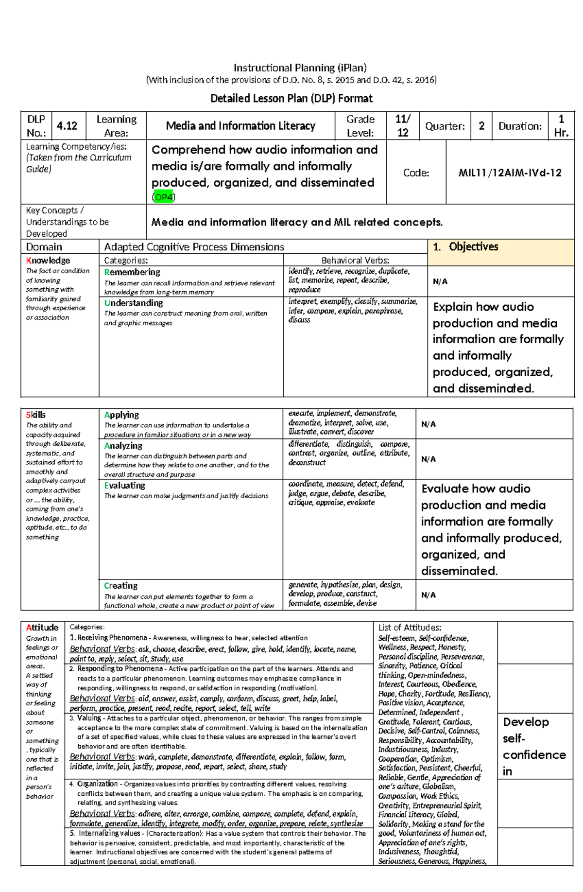 MILQ2 LC12 - lesson plan - Instructional Planning (iPlan) (With ...