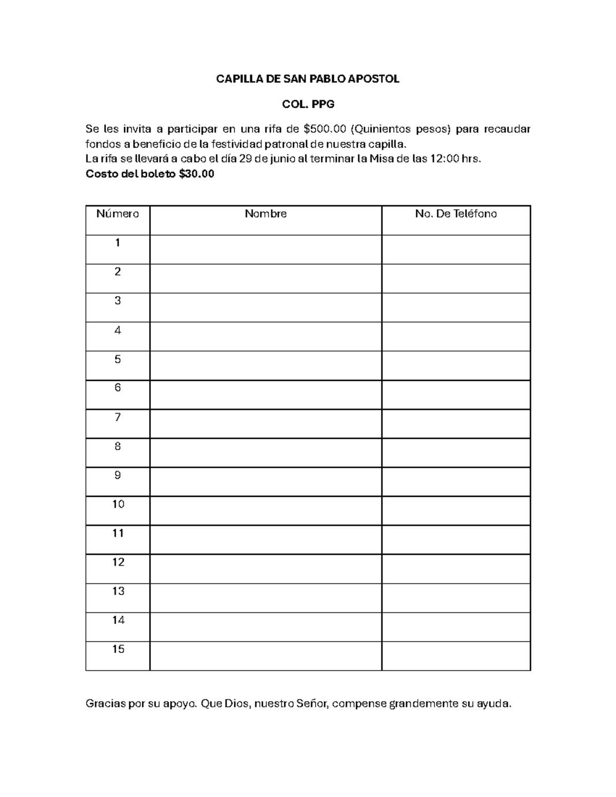 Rifa de Fondos para la Festividad en Capilla San Pablo APOSTOL - RIFA ...