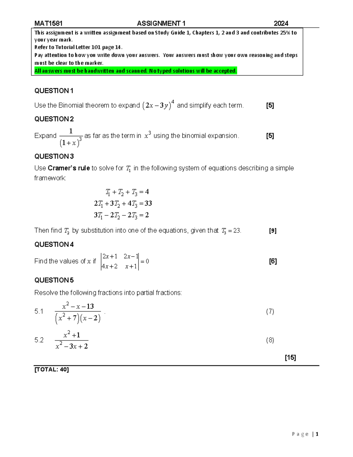 MAT1581 2024 Assignment 1: Study Guide 1, Chapters 1-3 Tasks - Studocu