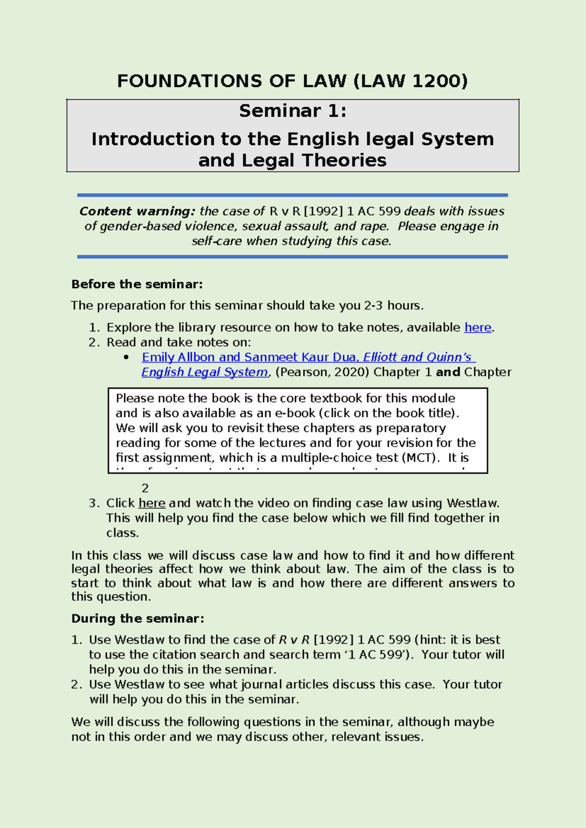 LAW 1200 - Seminar 1: Intro to English Legal System & Legal Theories ...