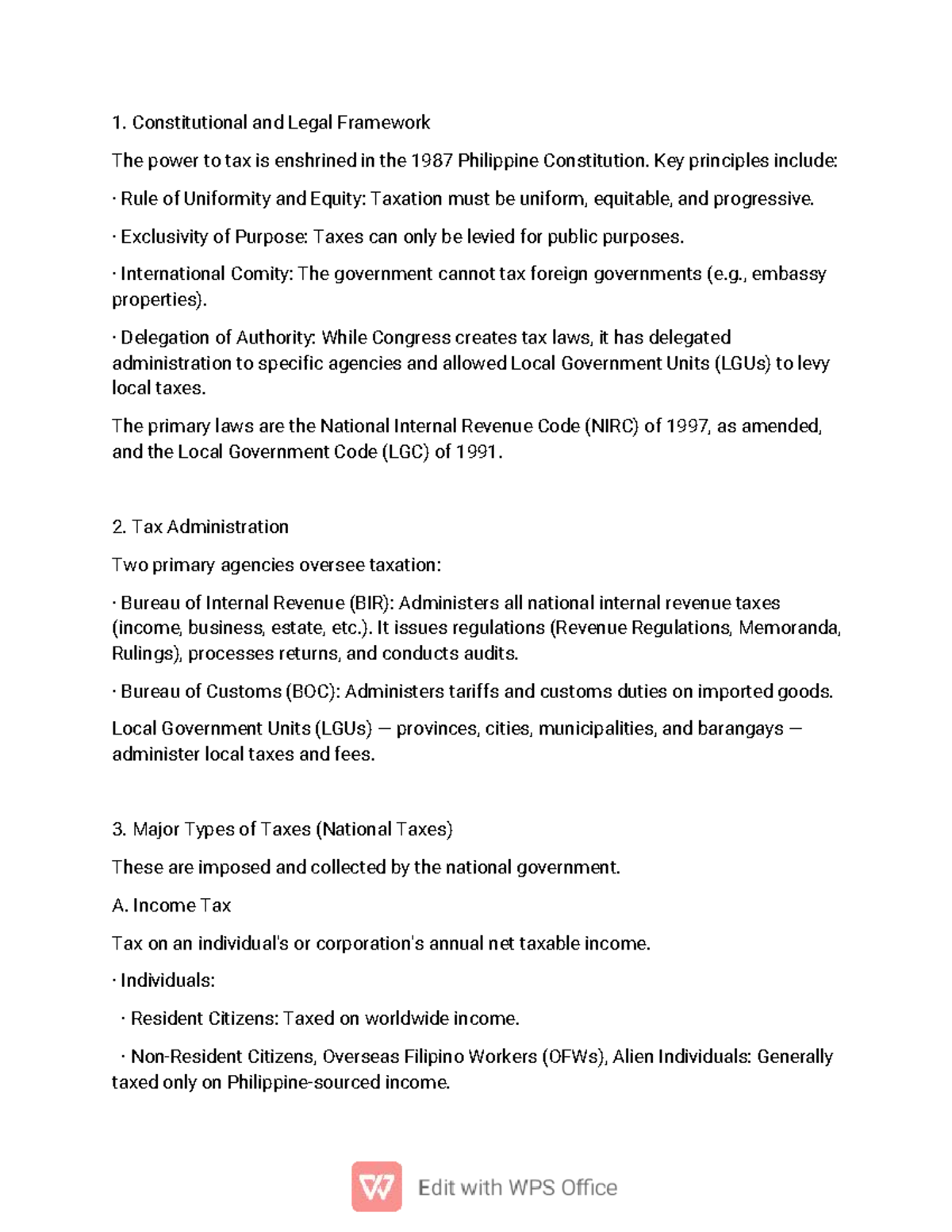 Philippine Taxation Framework: Constitutional, Admin, and Types (Phil ...