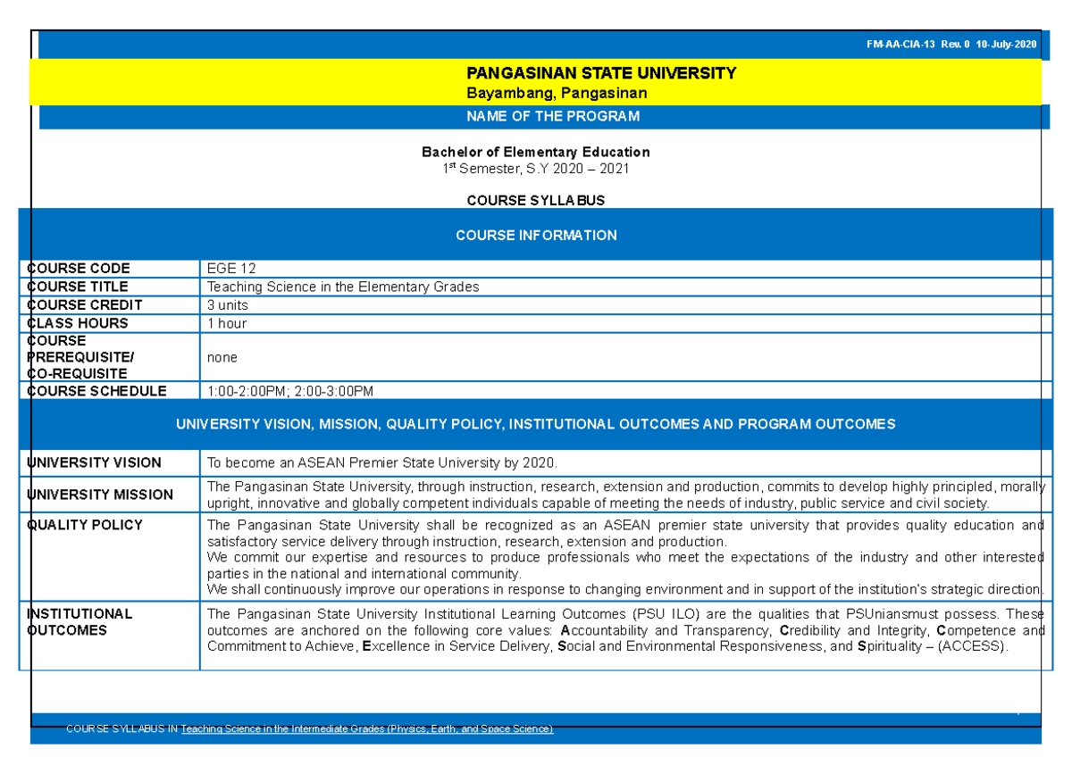 EGE 12 Teaching Science in the Elem Intermediate - Bachelor of Elementary Education 1 st ...