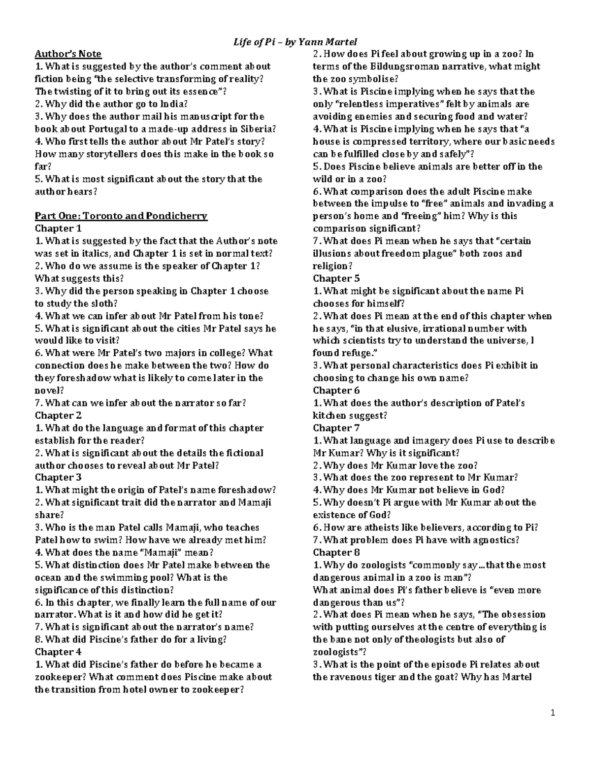 Life of Pi Guided Reading Questions - Life of Pi – by Yann Martel ...