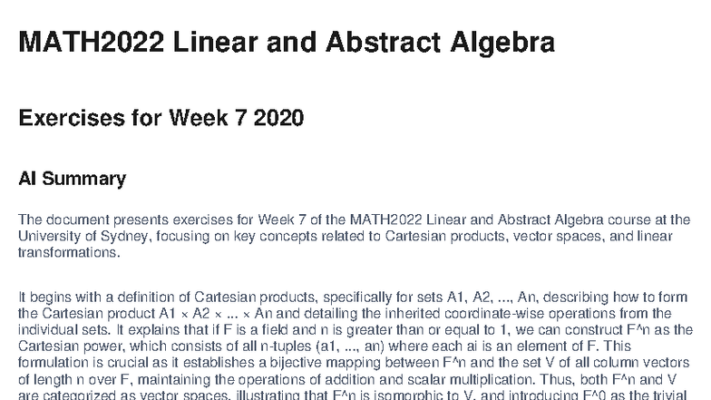 MATH2022 Week 7 Linear & Abstract Algebra Exercises Summary - Studocu