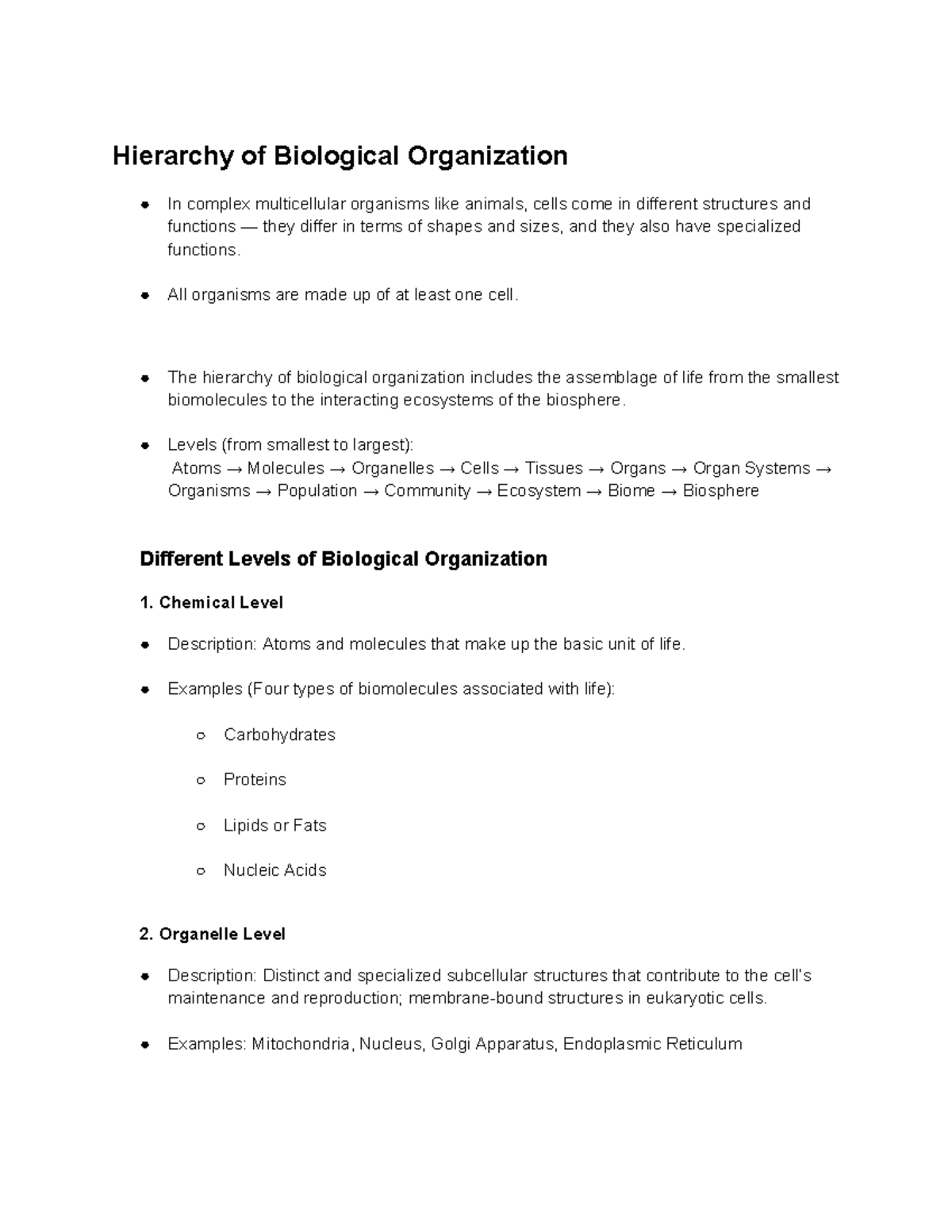 QUIZ 4 Reviewer - Hierarchy of Biological Organization in Animals - Studocu