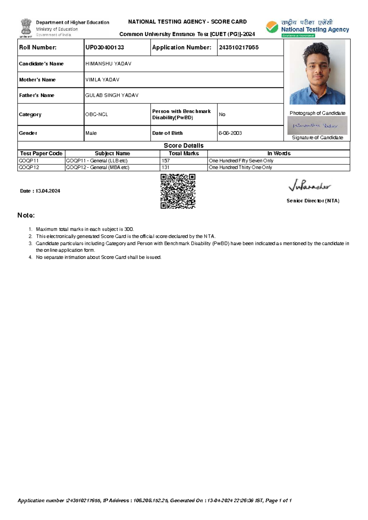 CUET Score Card for Himanshu Yadav - Roll No: UP030400133 - Studocu