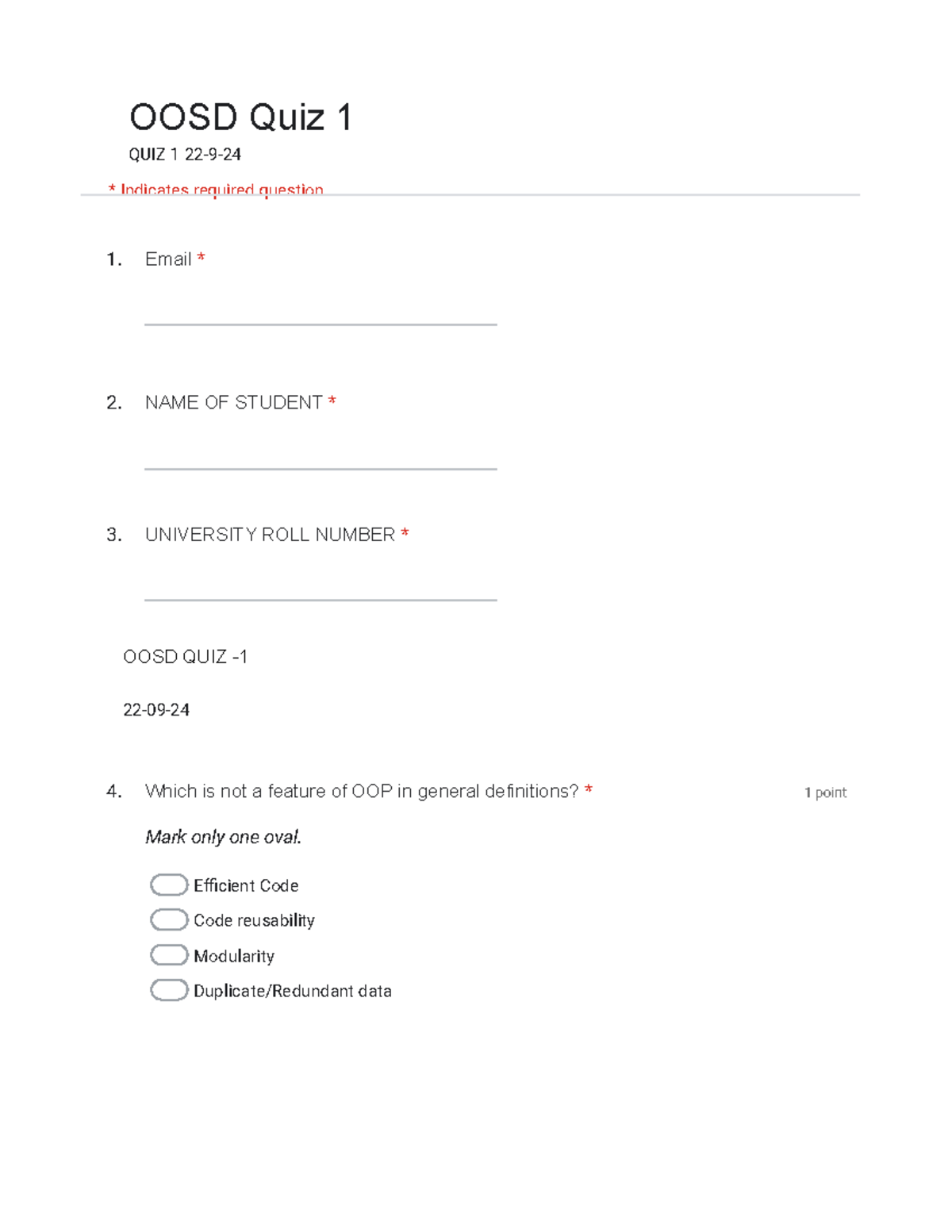 CSE AI OOSD Quiz 1: Key Concepts in Object-Oriented Programming - Studocu