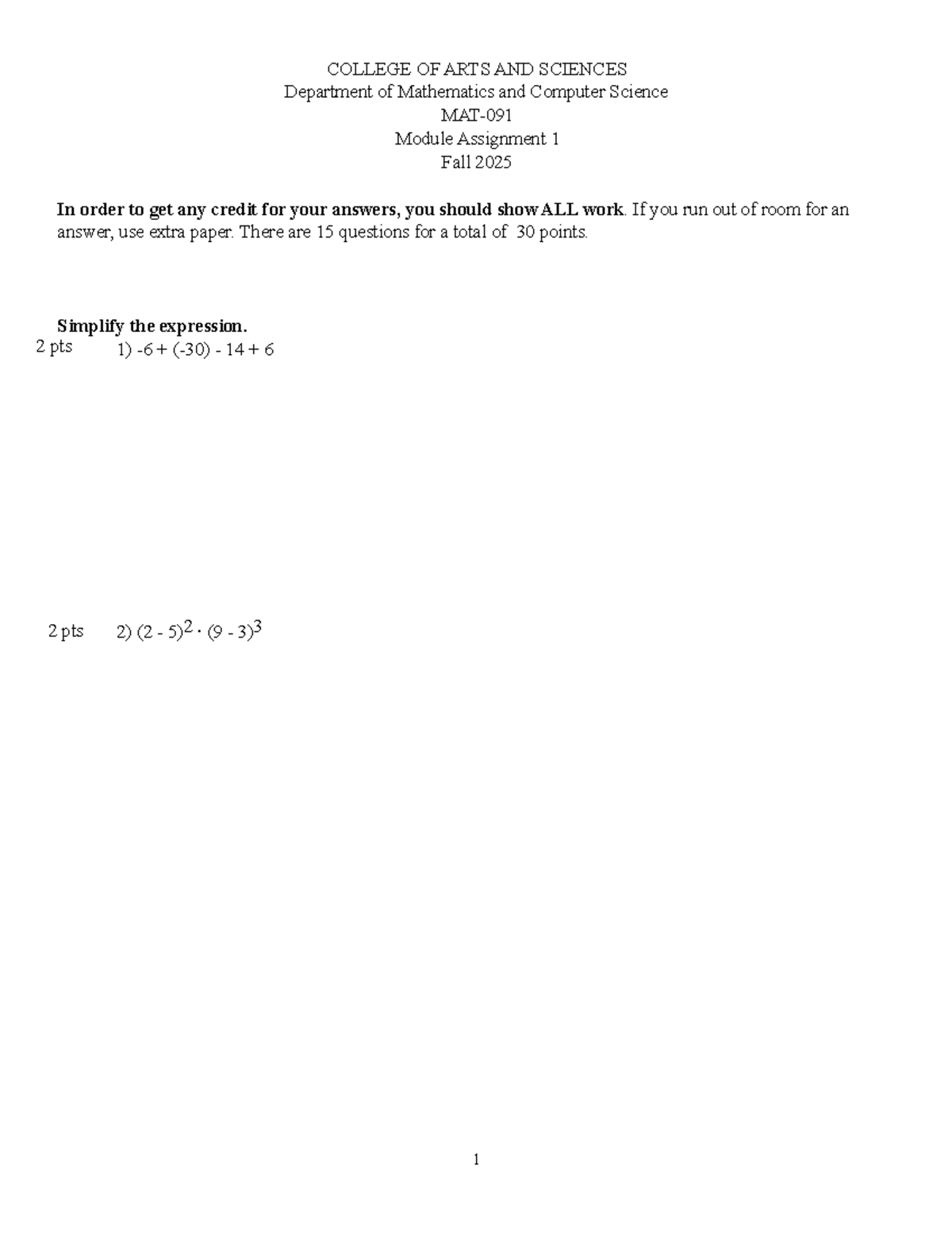 MAT-091 Module Assignment 1 - Fall 2025: Math Simplification & Problem ...