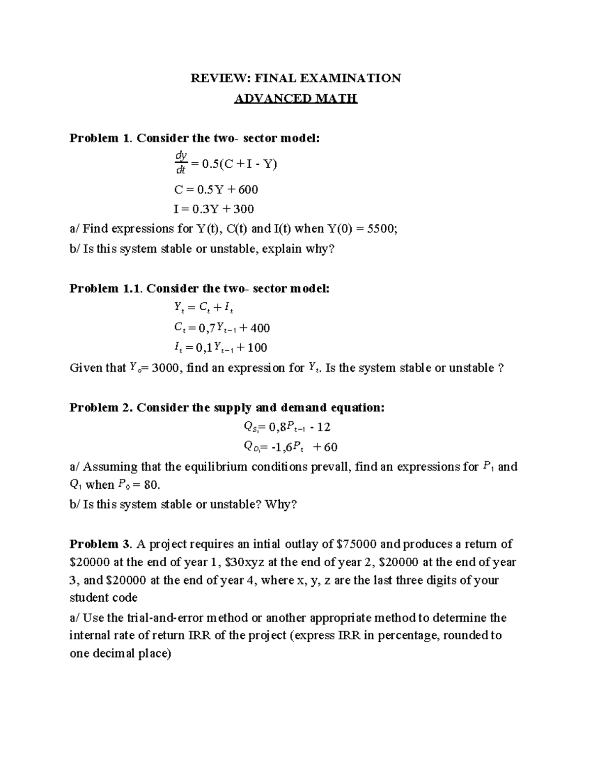 Review final test advanced math - REVIEW: FINAL EXAMINATION ADVANCED ...