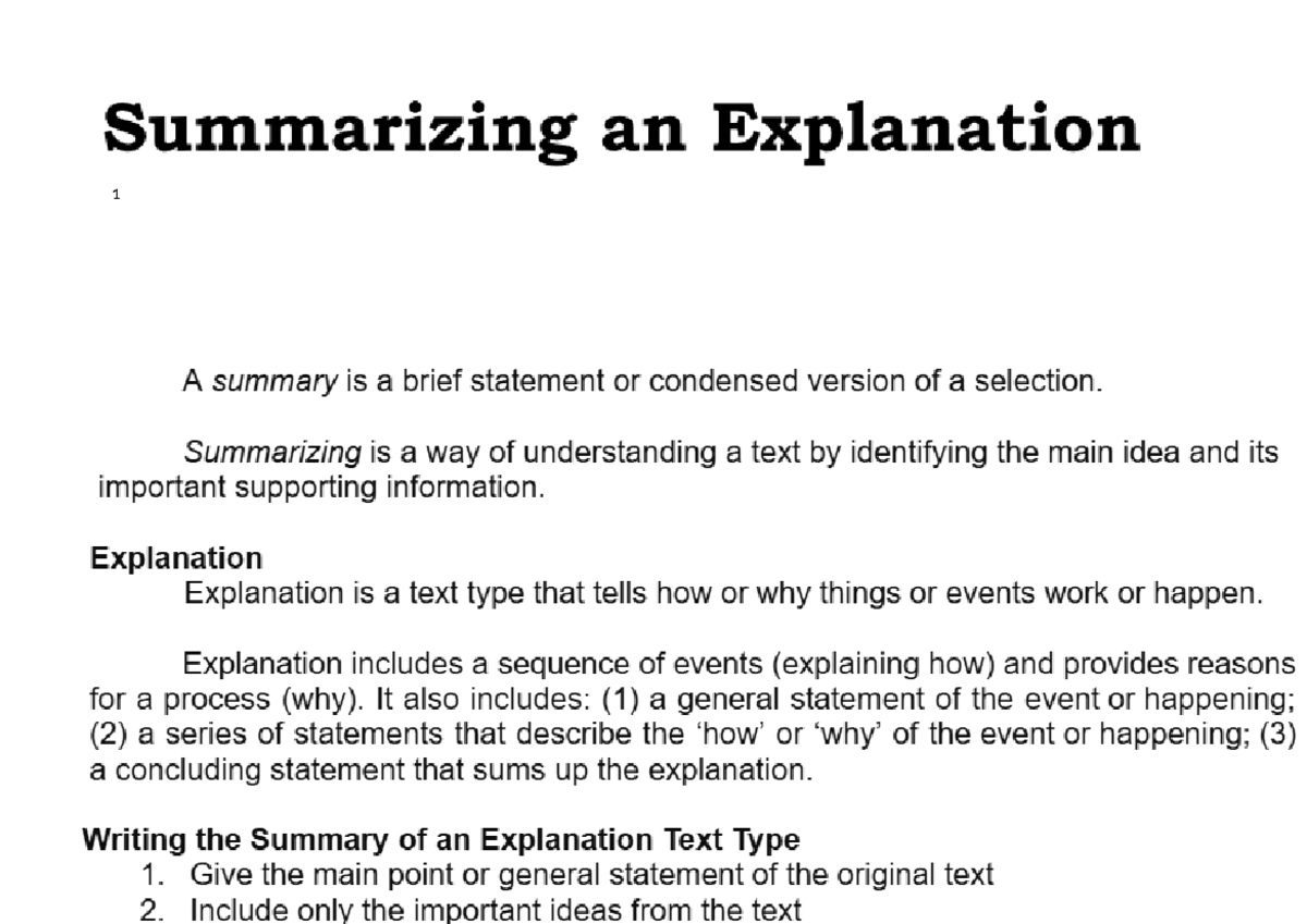 Grade 5 sumarrizing lesson - Summarizing an Explanation 1 A summary is a brief statement or ...