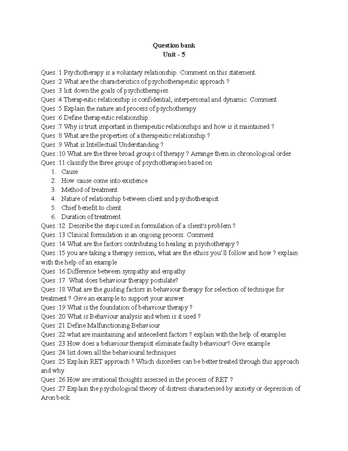 Question Bank - Unit 5: Key Concepts in Psychotherapy and Behavior ...