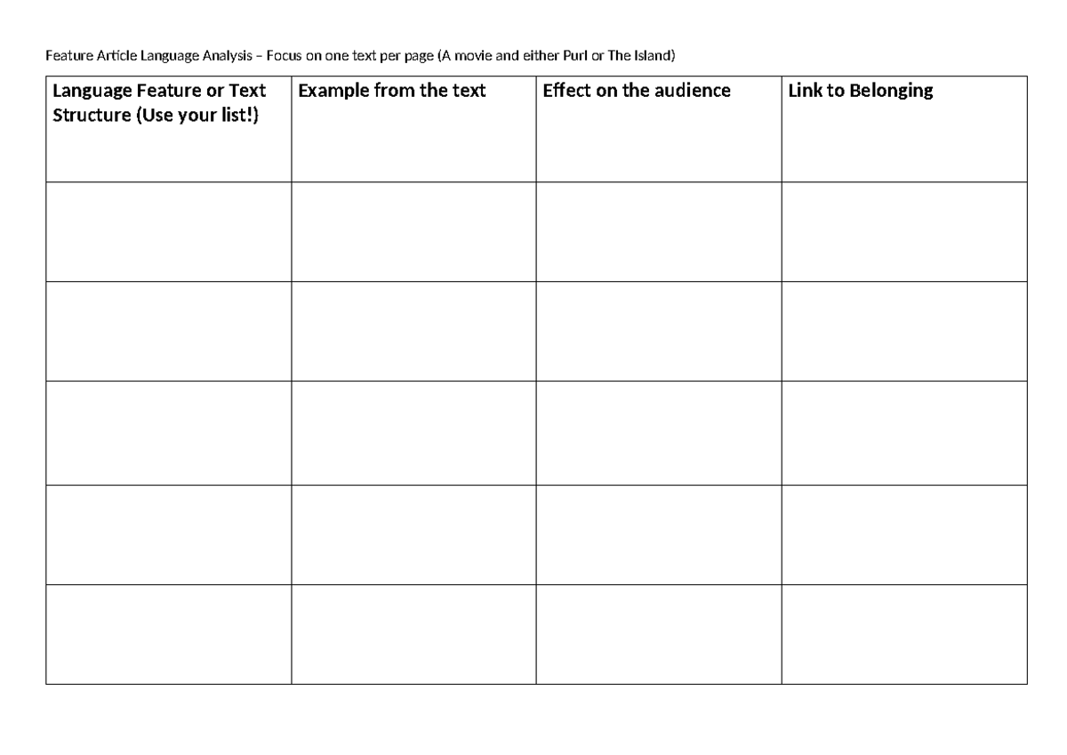 TEXT Analysis Sheet - Feature Article Language Analysis – Focus on one ...
