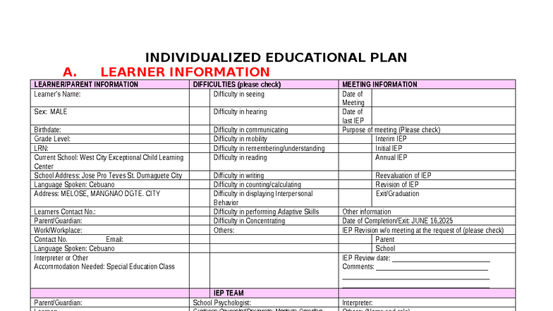 IEP File Bsned - Individualized Educational Plan Overview - Studocu