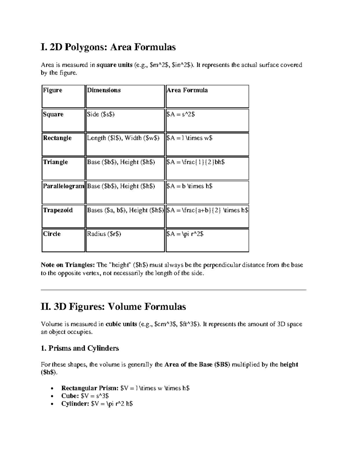 Area and Volume Formulas for 2D and 3D Figures - Studocu
