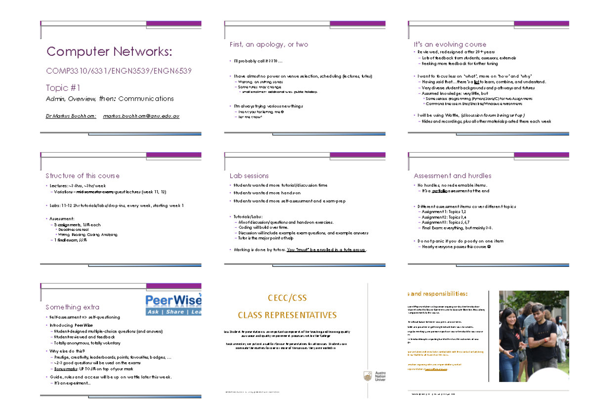 Print 1 - lecture note - Computer Networks: COMP3310/6331/ENGN3539/ENGN Topic Admin, Overview ...