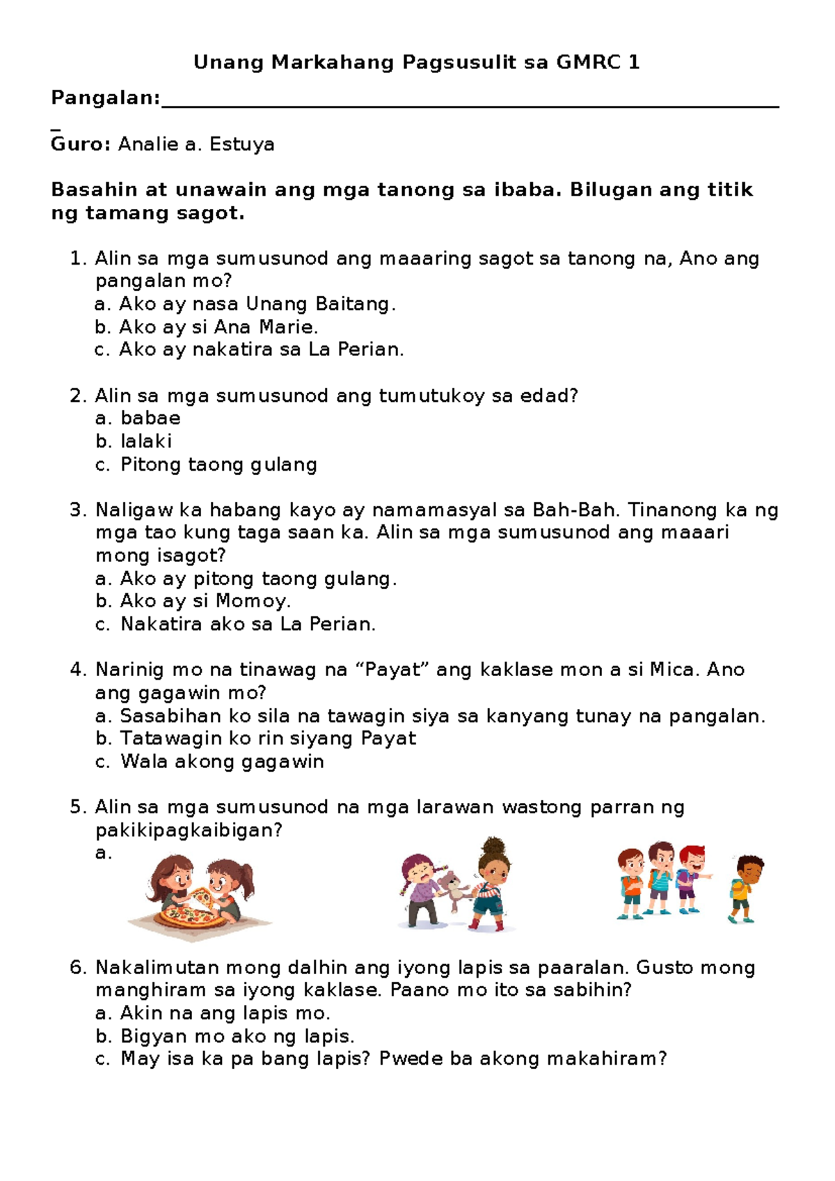 GMRC 1 - Unang Markahang Pagsusulit para sa Baitang 1 - Studocu