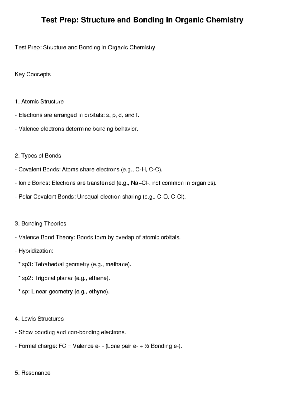 Organic Chemistry Test Prep: Structure & Bonding Concepts - Studocu
