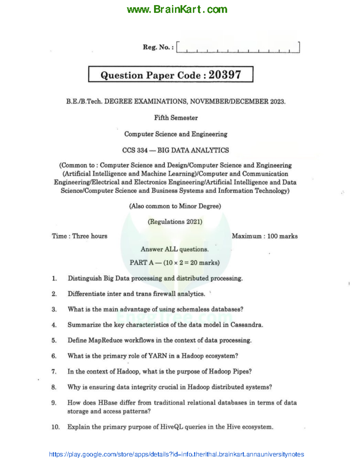 Big Data Analytics Study - CCS334 Nov-Dec 2023 Question Paper - Studocu