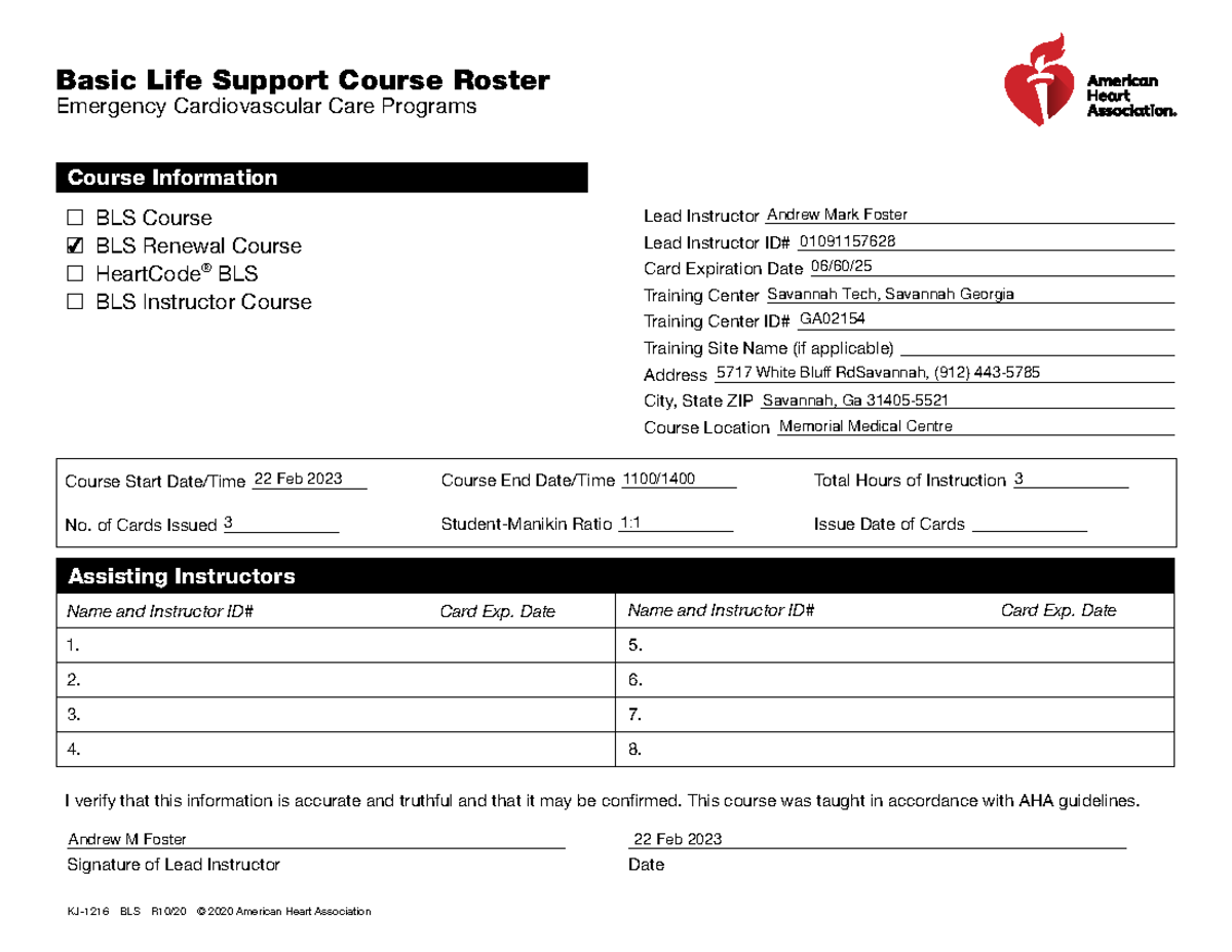 Blsfeb 2023 - bls - Basic Life Support Course Roster Emergency ...