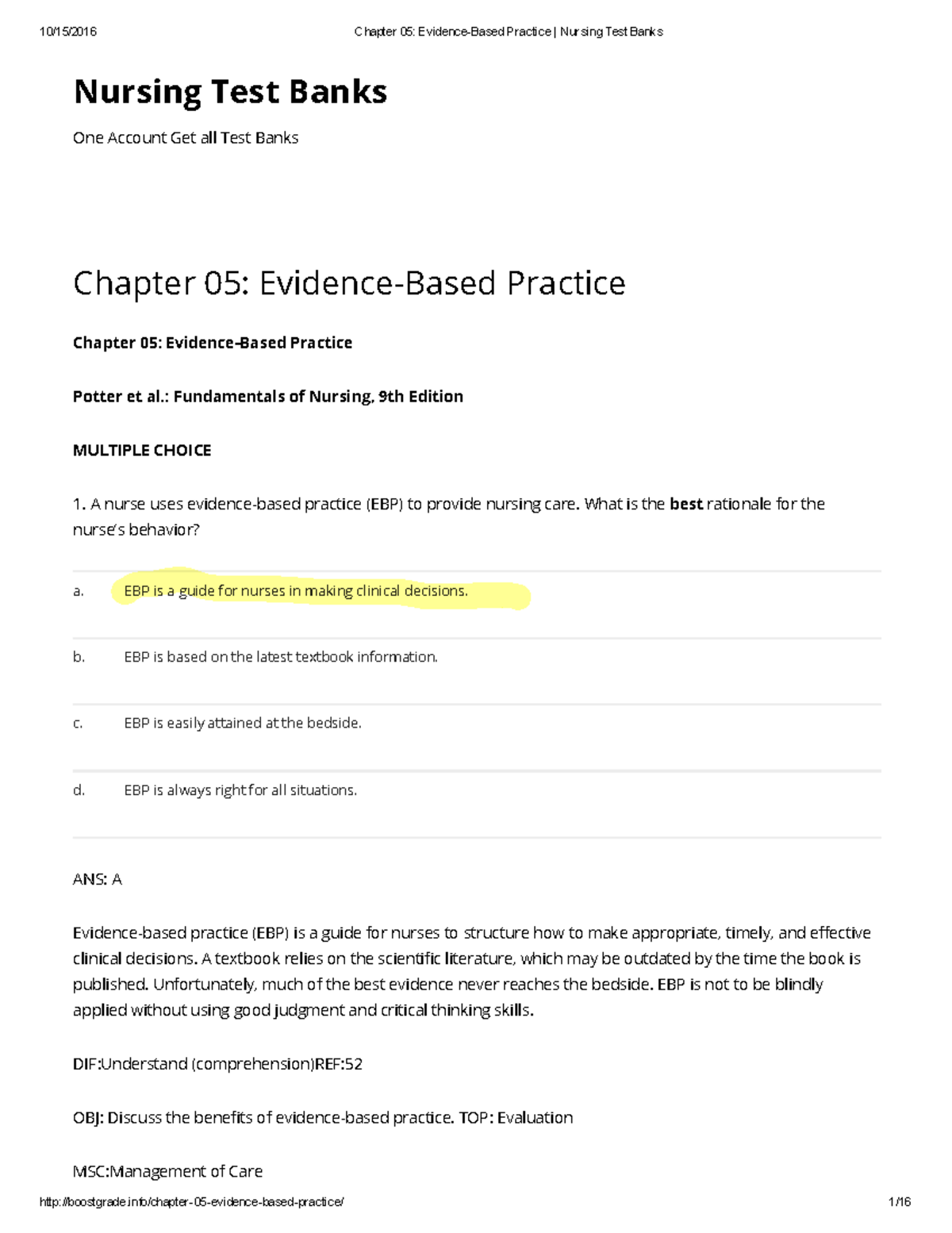 NUR 05 Evidence-Based Practice Nursing Test Bank Questions and Answers ...