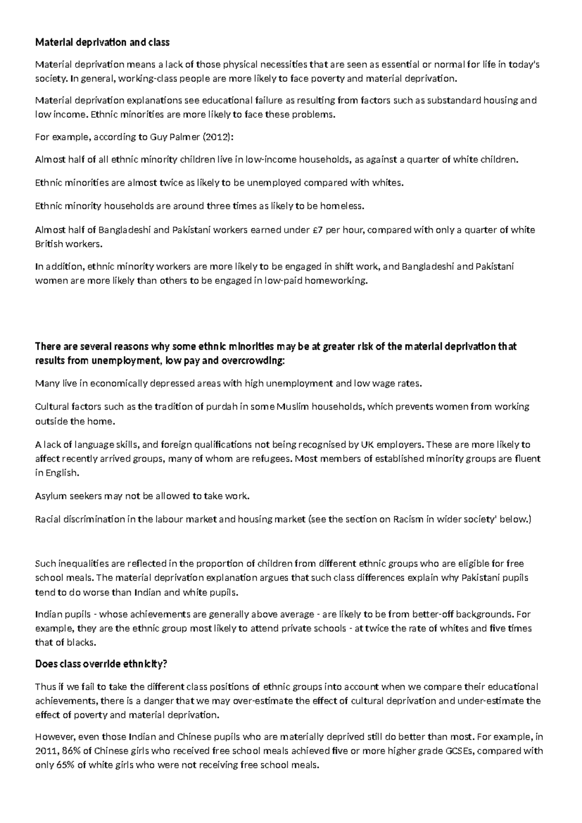 Material Deprivation and Class: Insights on Ethnic Inequalities - Studocu