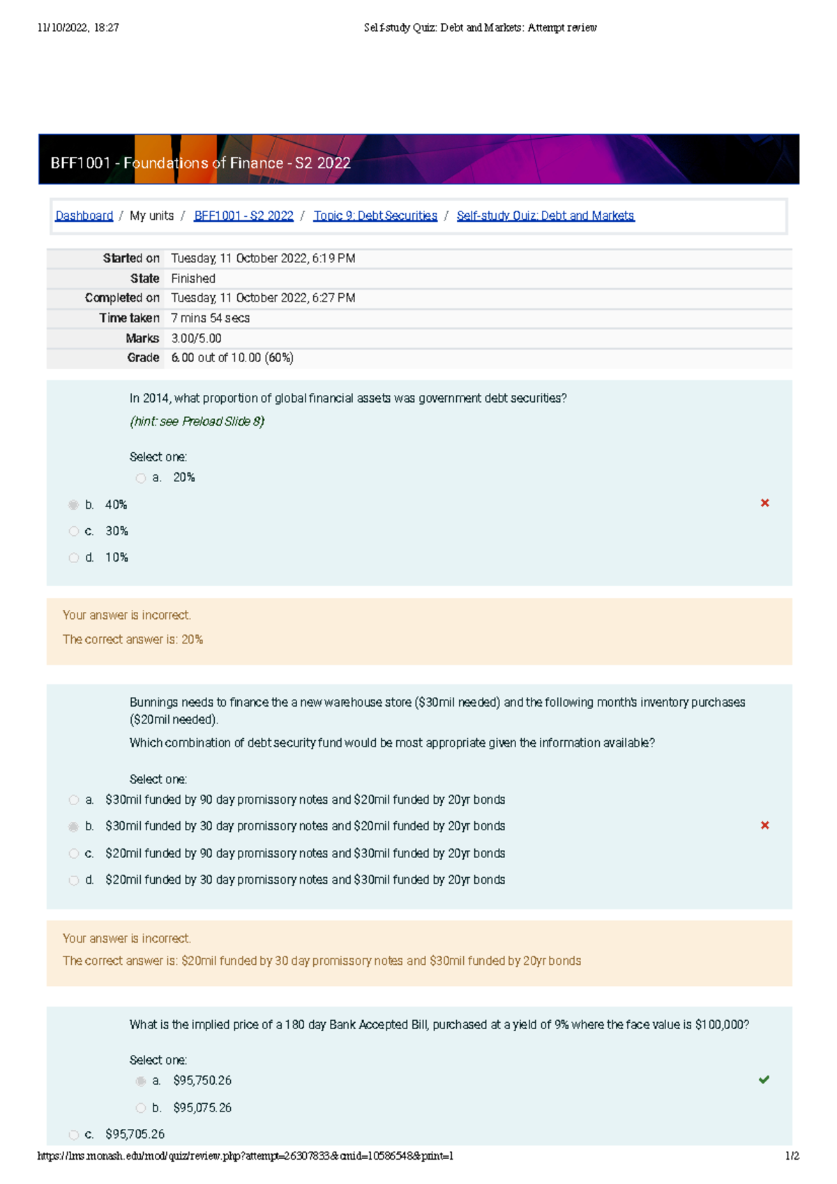 Self-study Quiz Debt and Markets Attempt review - - Studocu