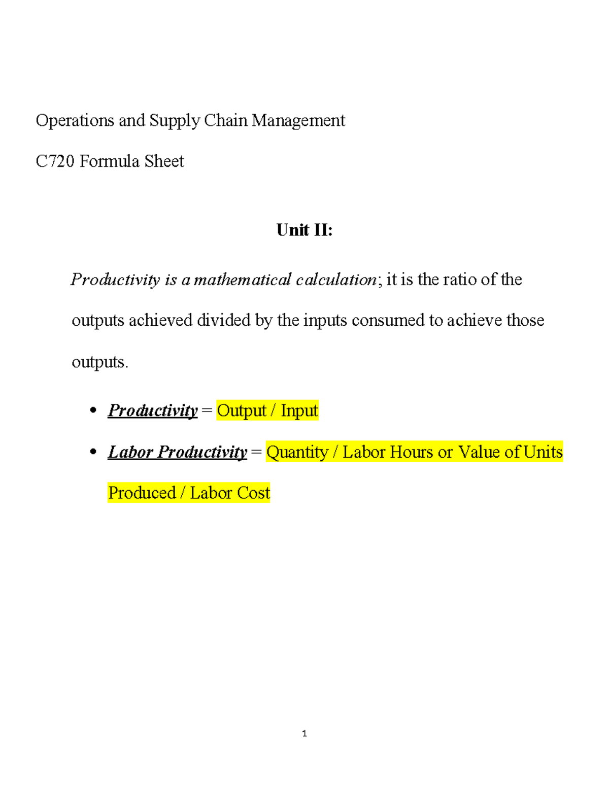 C720 Operations & Supply Chain Management Formula Sheet - Studocu