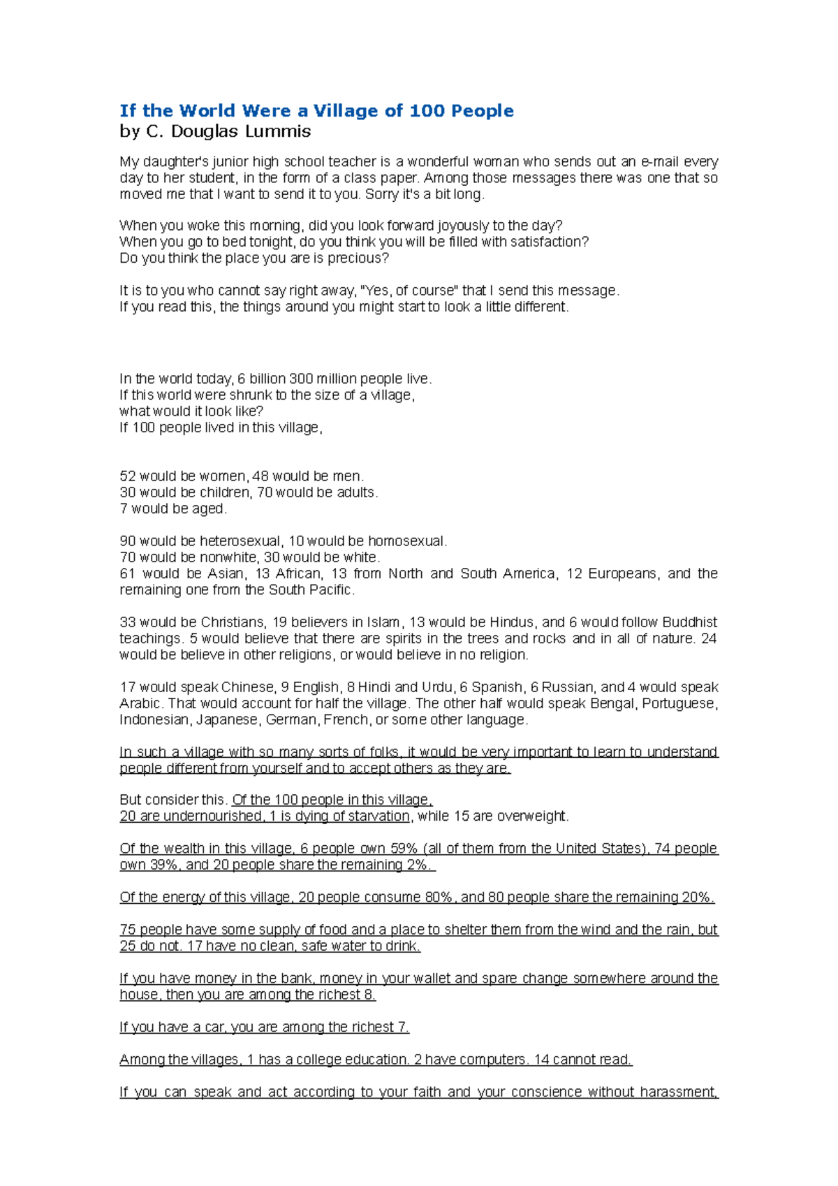 If the World Were a Village of 100 People: A Reflection on Humanity ...