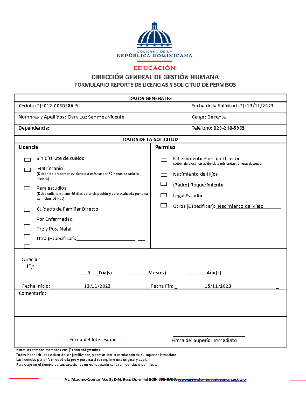Formulario Reporte de Licencias y Solicitud de Permisos DE 231112 - Studocu