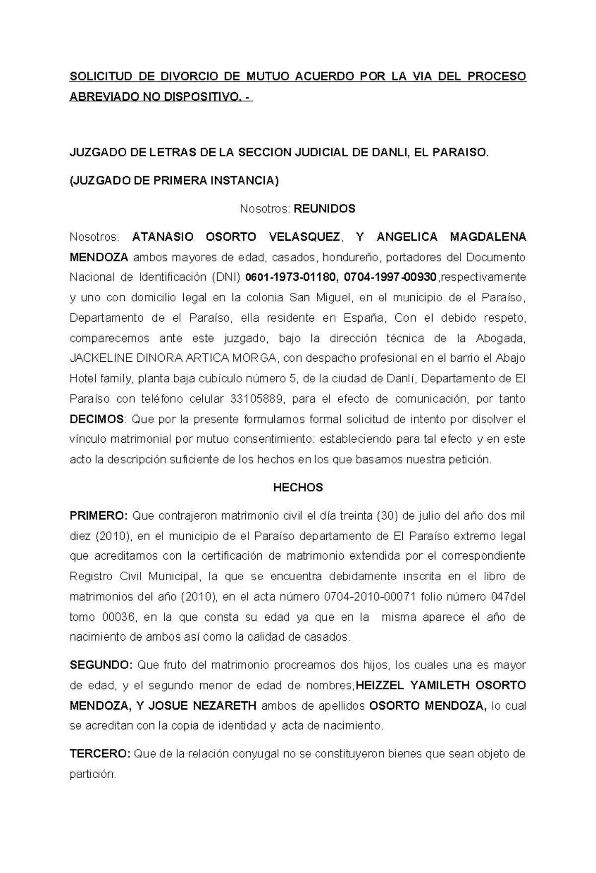 Solicitud de Divorcio de Mutuo Acuerdo - Juzgado de Letras Danlí - Studocu