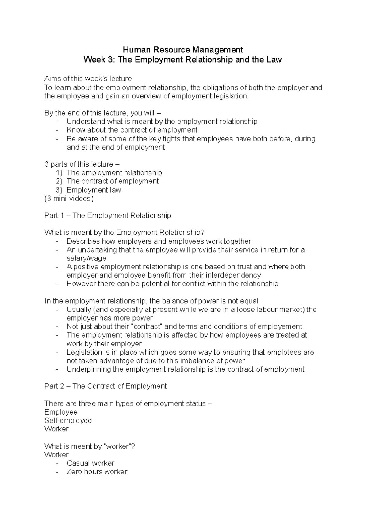 HRM 101: Employment Relationship & Legislation Overview Lecture - Studocu