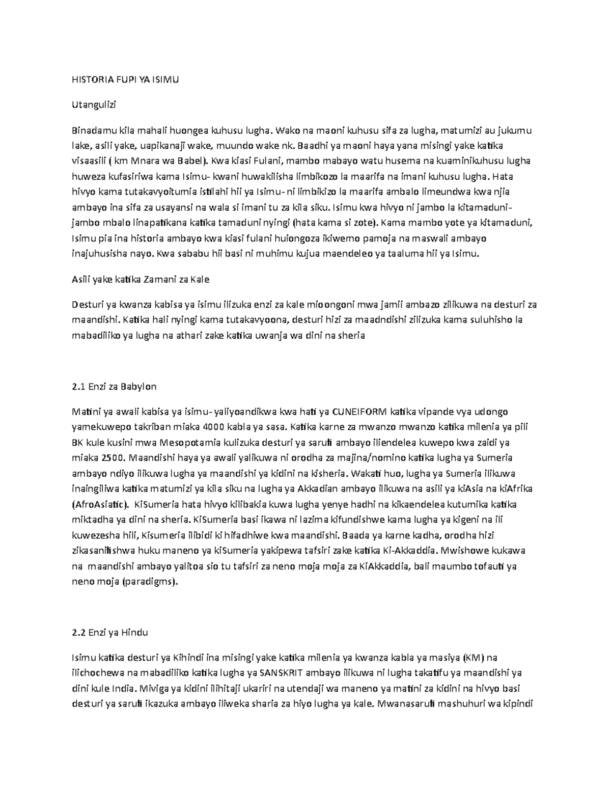 Historia ya Isimu: Kutoka Zamani za Kale Mpaka Enzi za Sasa - Studocu