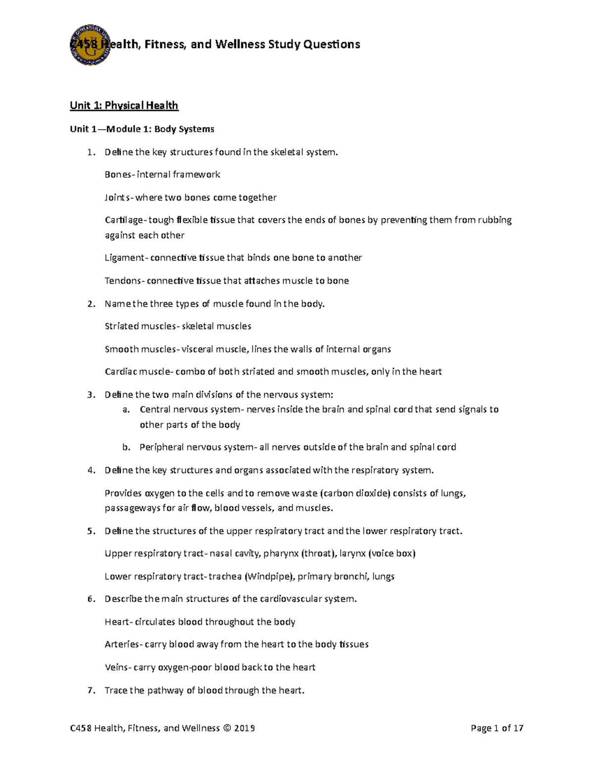 Health class study questions - Unit 1: Physical Health Unit 1—Module 1 ...