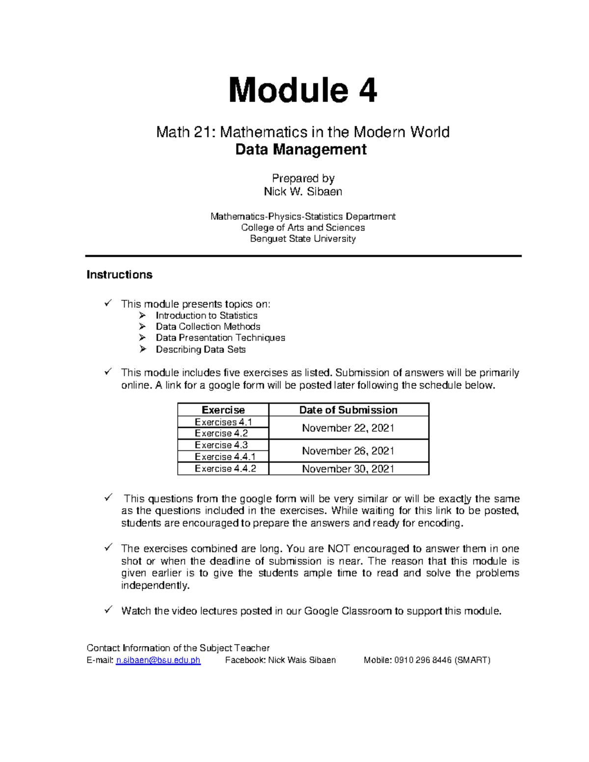 Math 21: Module 4 - Data Management and Statistical Concepts - Studocu
