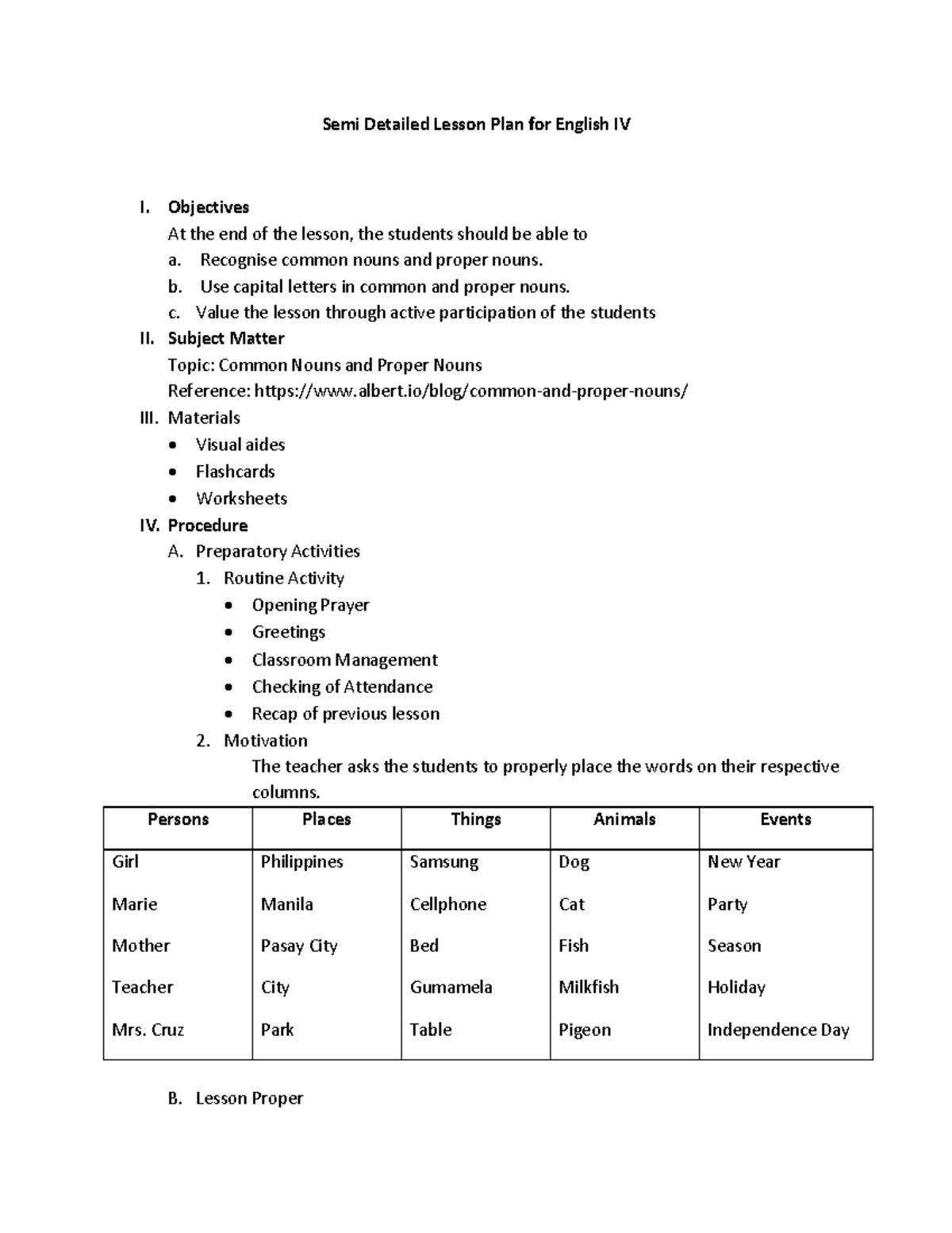 Semi-Detailed Lesson Plan: Common & Proper Nouns for English IV - Studocu