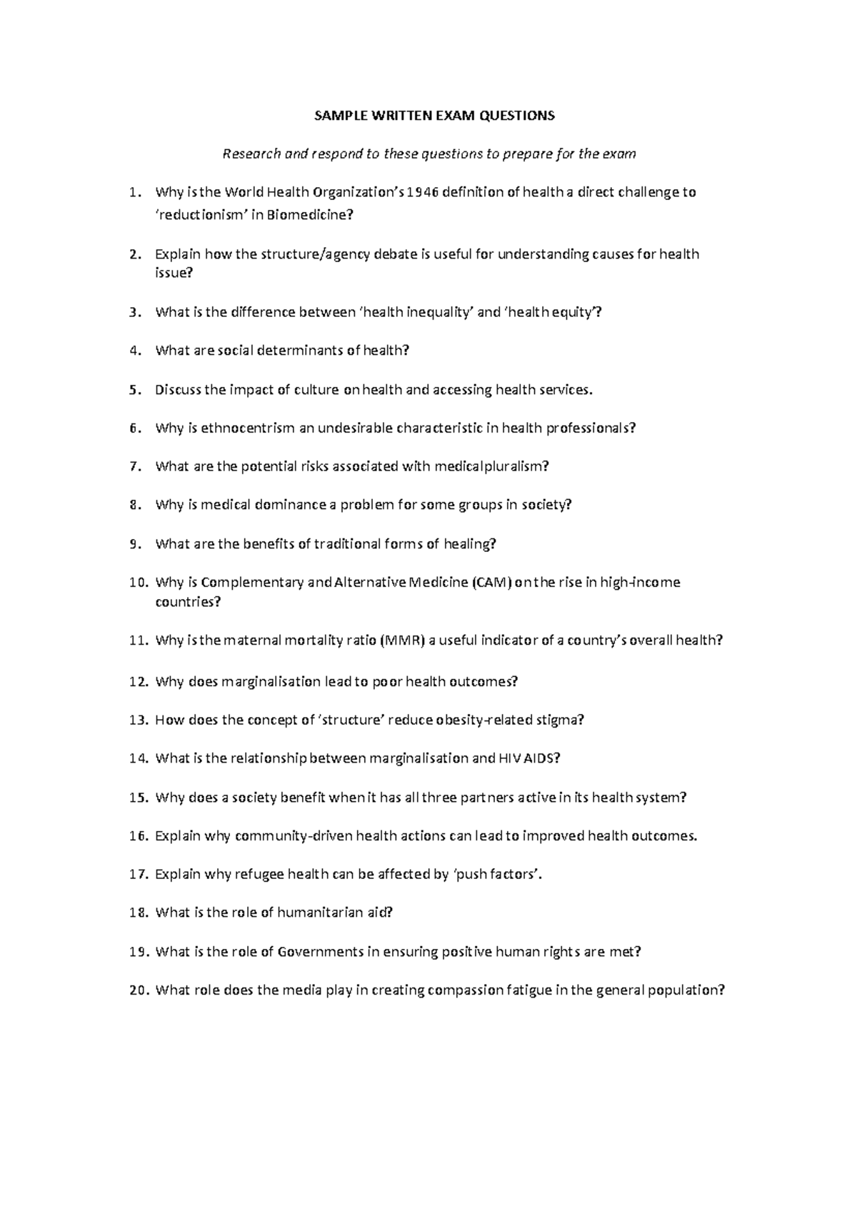 SAMPLE WRITTEN EXAM QUESTIONS: Health and Biomedicine Insights - Studocu