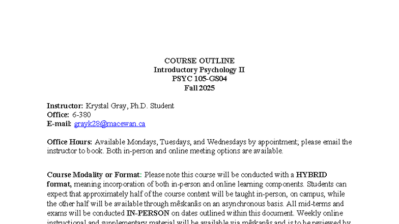 PSYC 105 Course Outline: Introductory Psychology II - Fall 2025 - Studocu